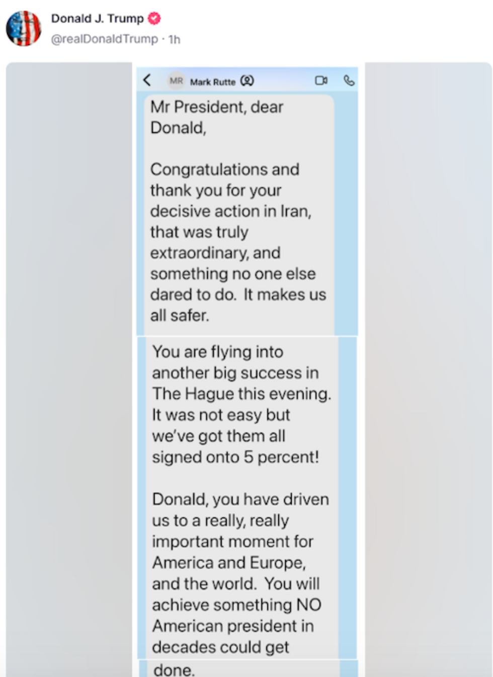 Trump posts NATO chief's gushing message of praise for 'extraordinary ...