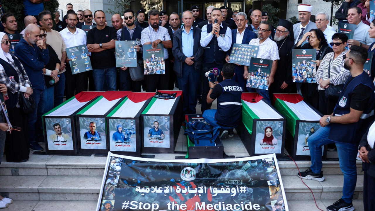 Palestinian journalists mark two years of Gaza war at march for slain ...