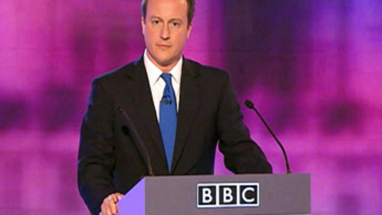 Conservative Party's Cameron leads in polls after final debate