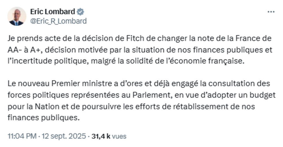 L'agence de notation Fitch abaisse la note souveraine de la France à A+ ...